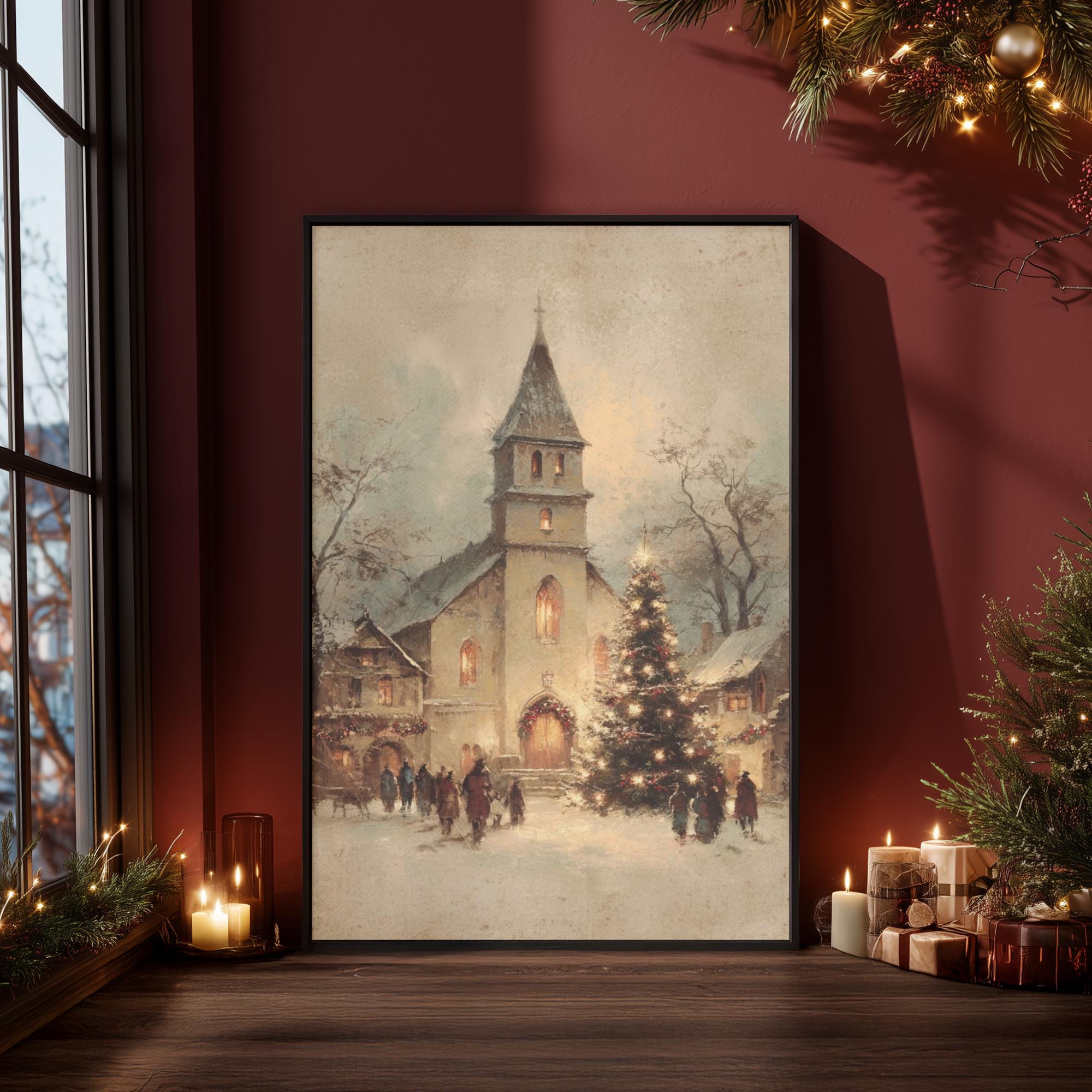 Vintage Christmas Church Art Print: Rustic Holiday Decor (physical ...