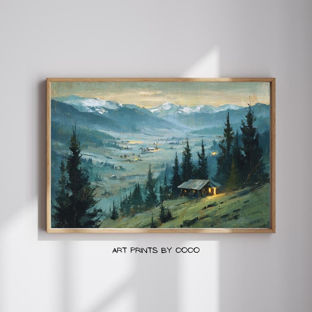 Mountainside Winter Cabin Art Print: Vintage Impressionistic Painting ...