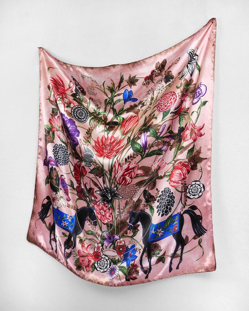 Pastel Baby Pink Floral Satin Square Scarf, Chic Fashion Headscarf for ...