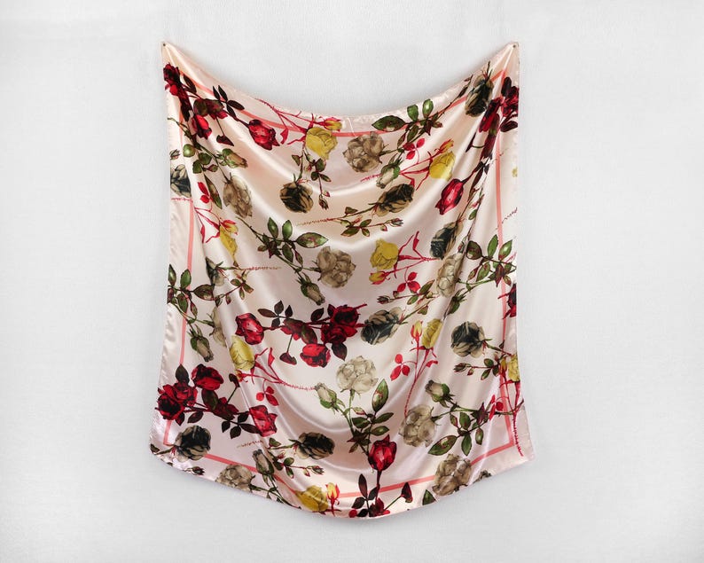 Pastel Baby Pink Floral Satin Square Scarf, Chic Fashion Headscarf for ...