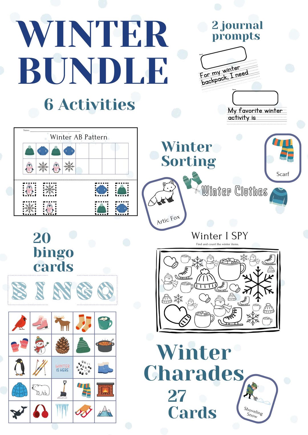 Winter Activity Bundle for Kids | Printable Bingo, Charades, and More ...