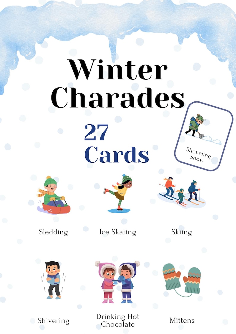 Winter Charades Game for Kids| 27 Printable Cards| Fun Winter Party ...