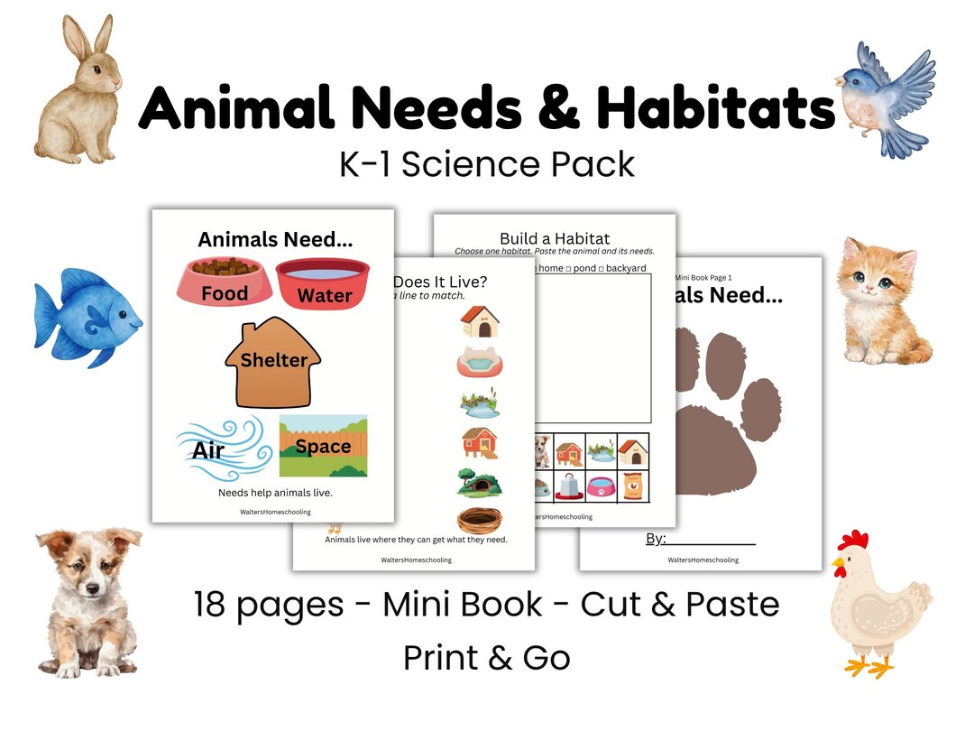 Kindergarten Animal Needs & Habitats Science Unit, Cut and Paste (PDF ...