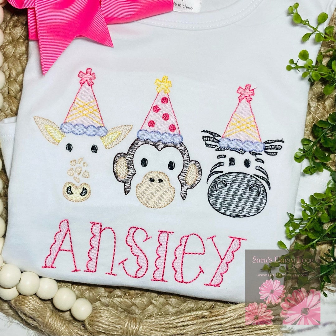 Girl's Zoo Birthday Embroidered Shirt, Giraffe Monkey Zebra Crew - Etsy