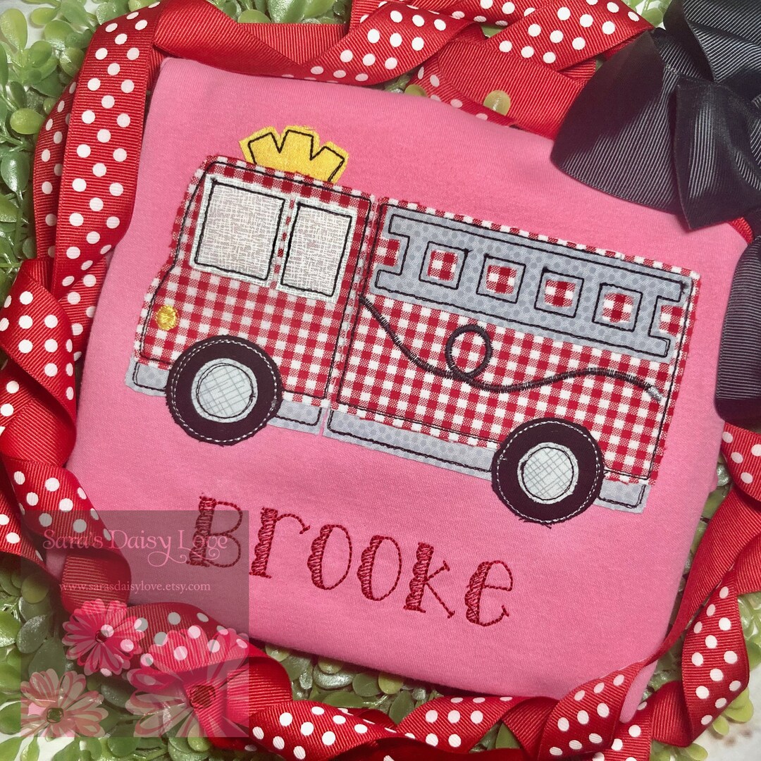 Girls Fire Truck Applique Shirt, Personalized Gown, Sara's Daisy Love ...
