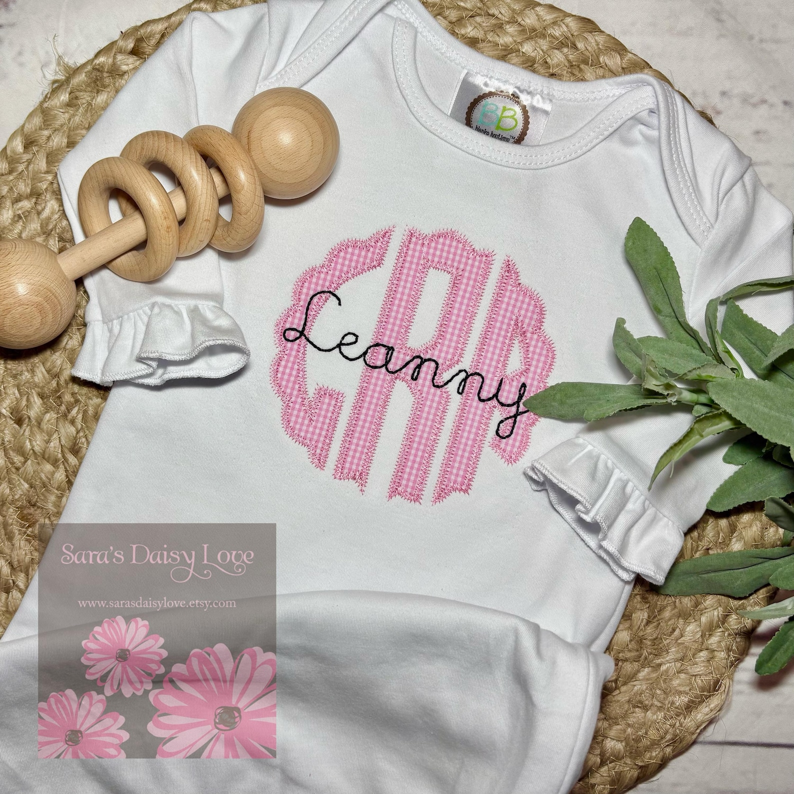 Personalized Baby Gown, Scalloped Circle Applique Monogram, Newborn ...