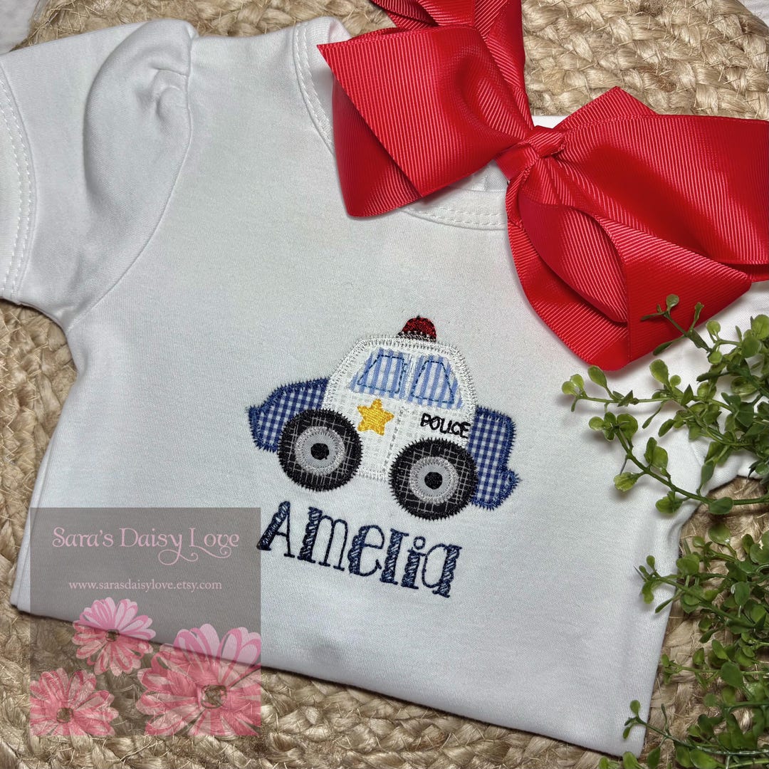 Girl's Police Car Applique Shirt, Personalized Blue Gingham Bodysuit - Etsy