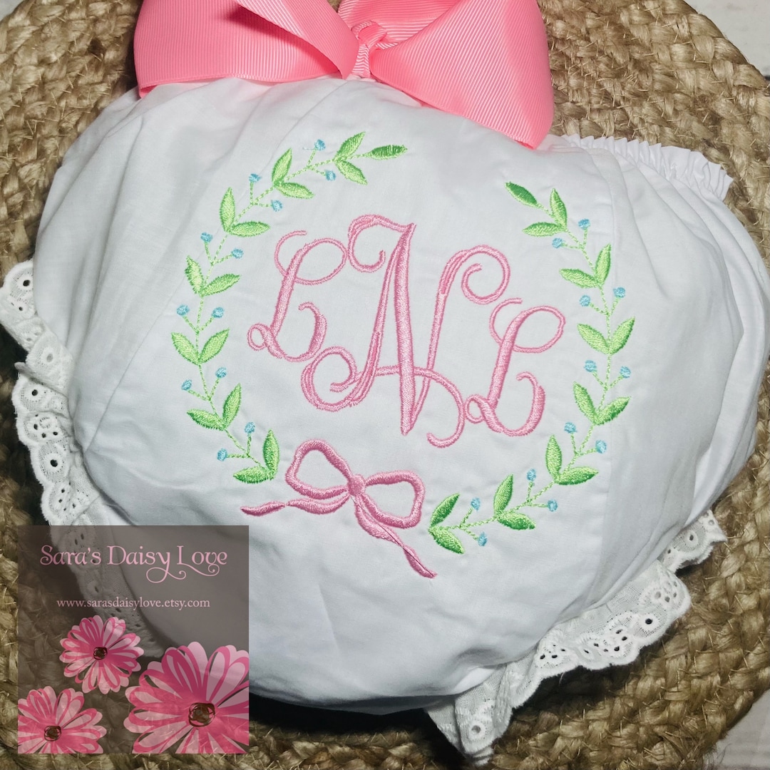 Monogrammed Bloomers, Floral Frame With Bow, Diaper Cover, White Eyelet ...