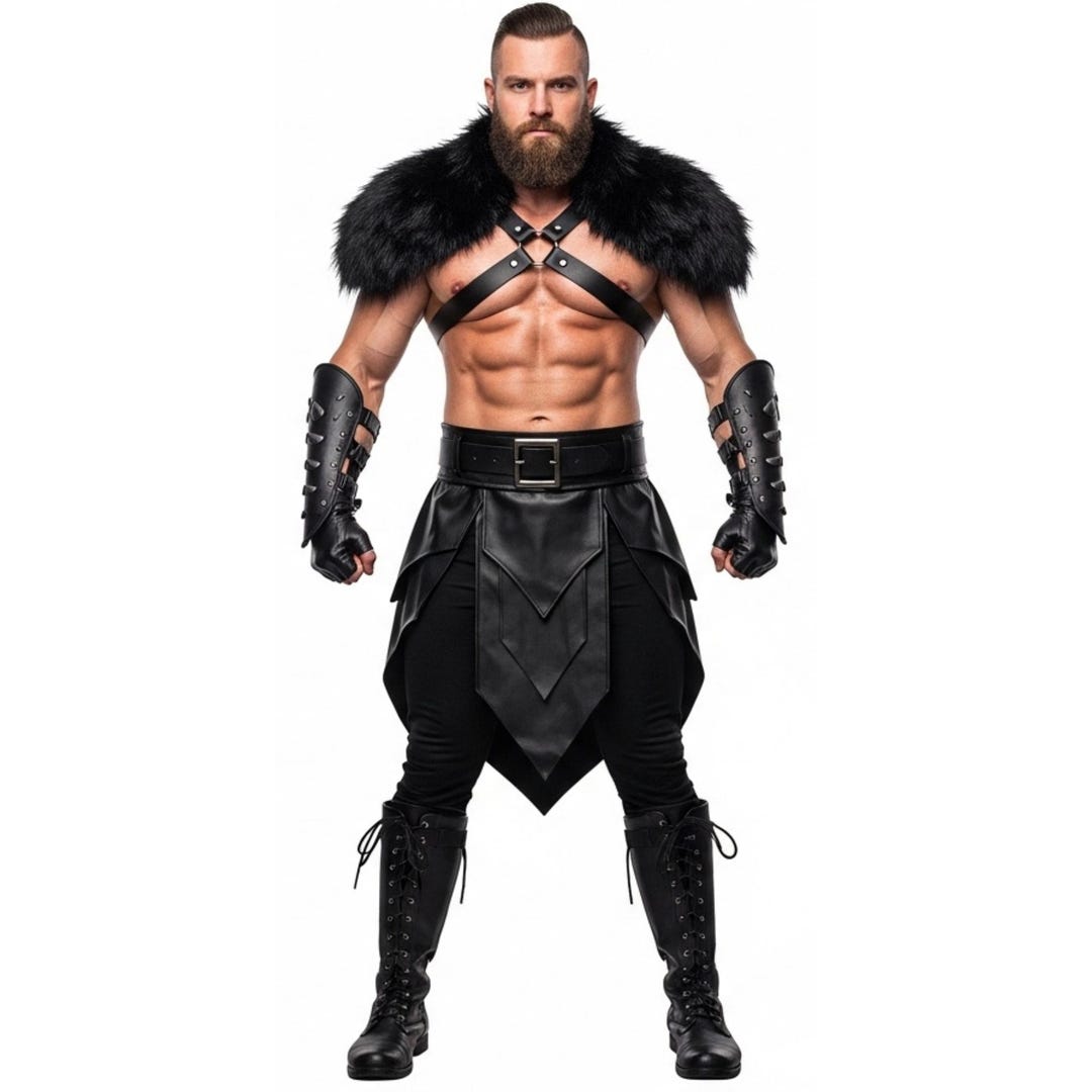 Handmade Black Leather and Fur Barbarian Costume - Medieval Warrior ...