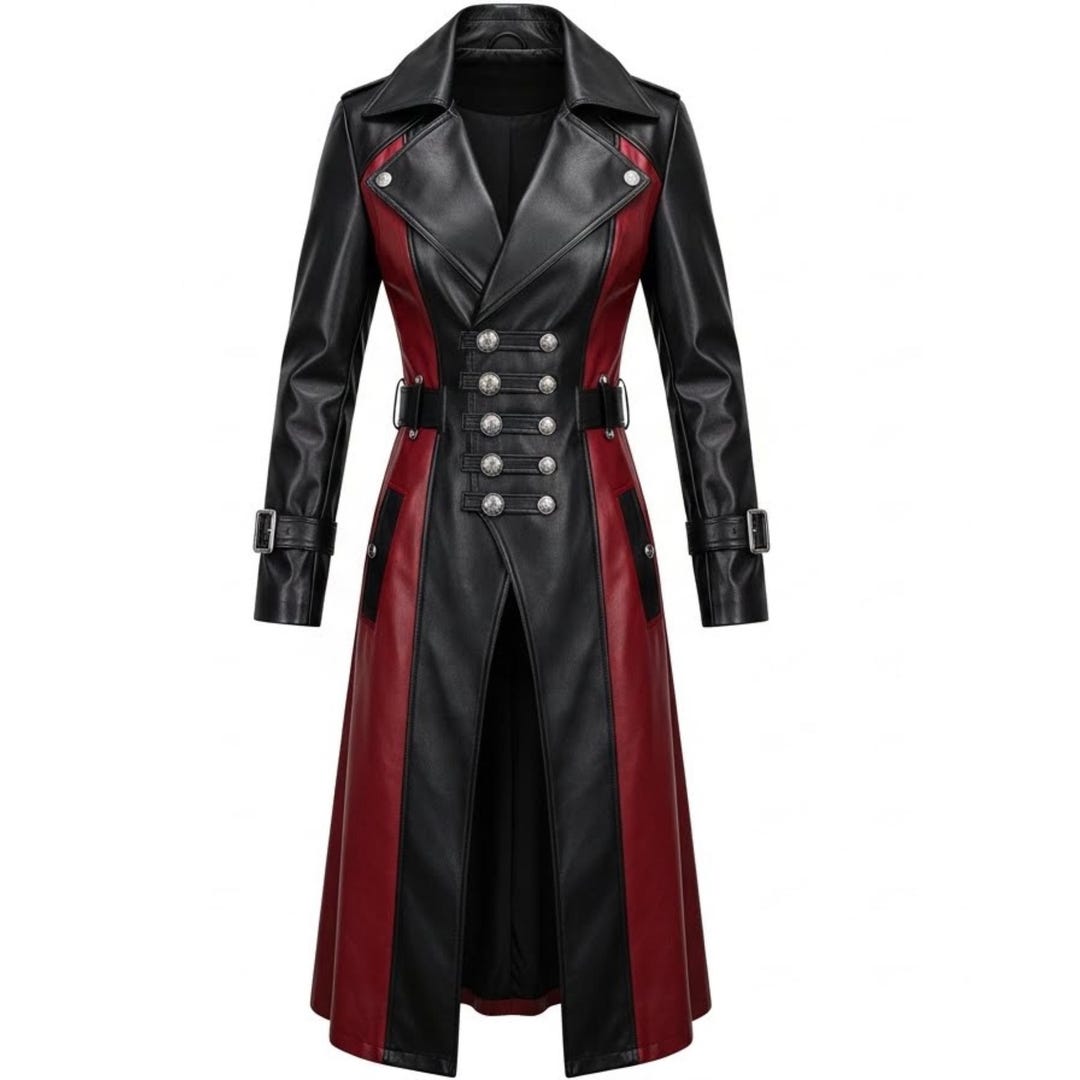 Mens Genuine Leather Gothic Trench Coat – Red & Black Long Jacket ...