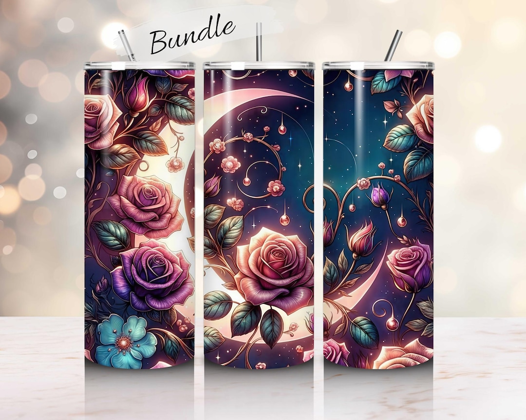 Moon Roses Bundle Seamless Tumbler Wrap, Celestial Floral Fantasy ...