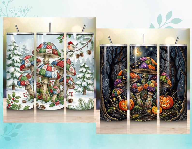 Patchwork Mushroom Forest Tumbler Wrap Bundle, Seamless Digital ...