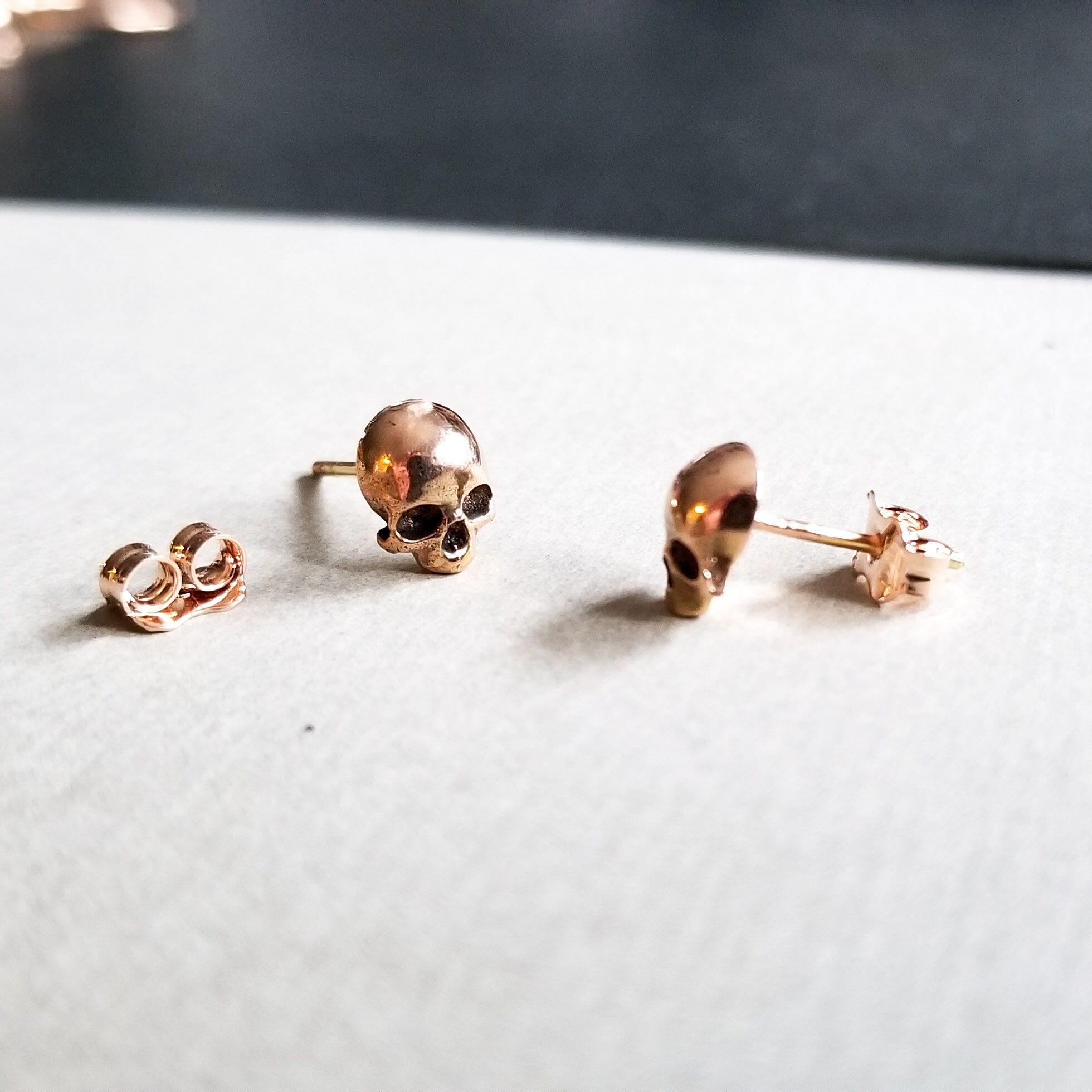 14K Rose Gold Skull Stud Earrings Horror Death Occult | Etsy