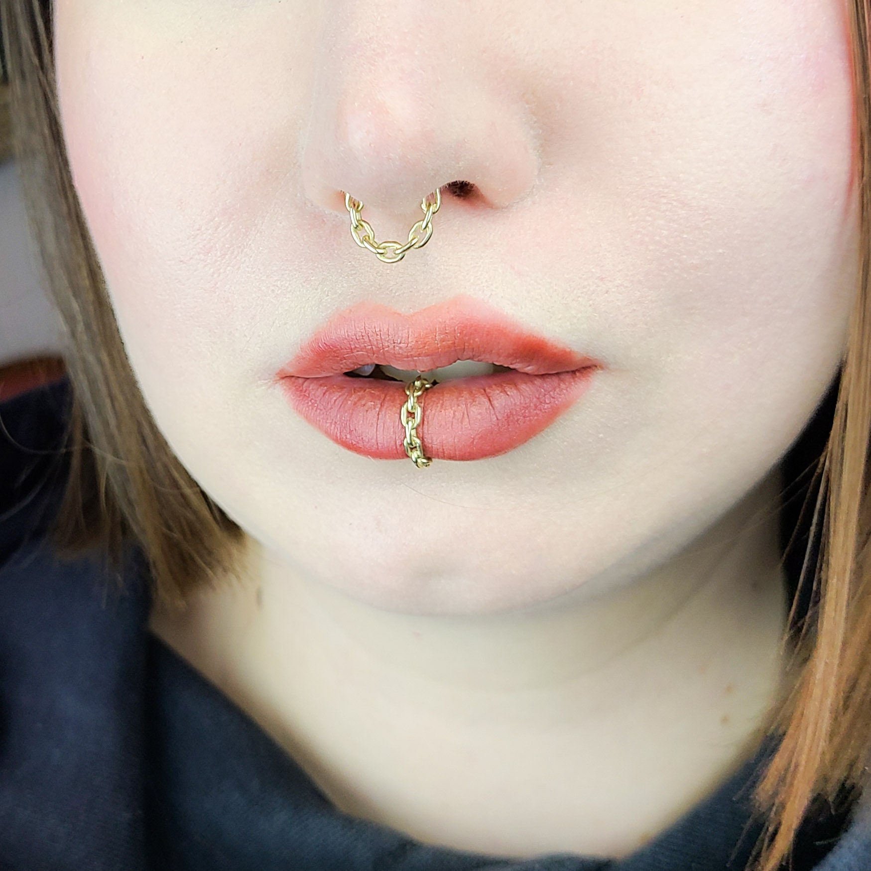 10K 14K Yellow Gold Chain Lip Cuff Fake Lip Piercing | Etsy