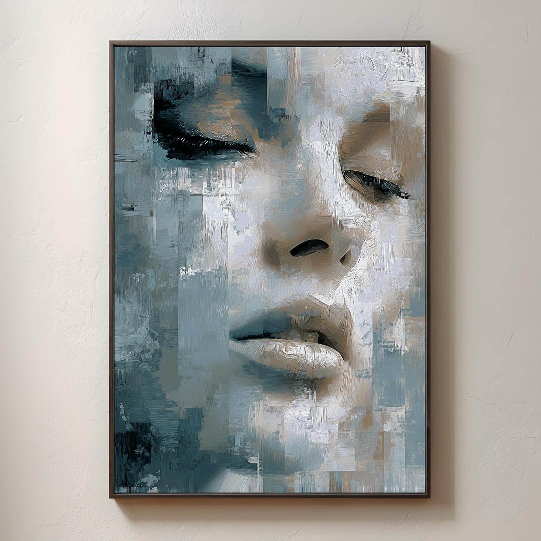 Female Face Wall Art | Icy Blue Modern Abstract Portrait - Etsy