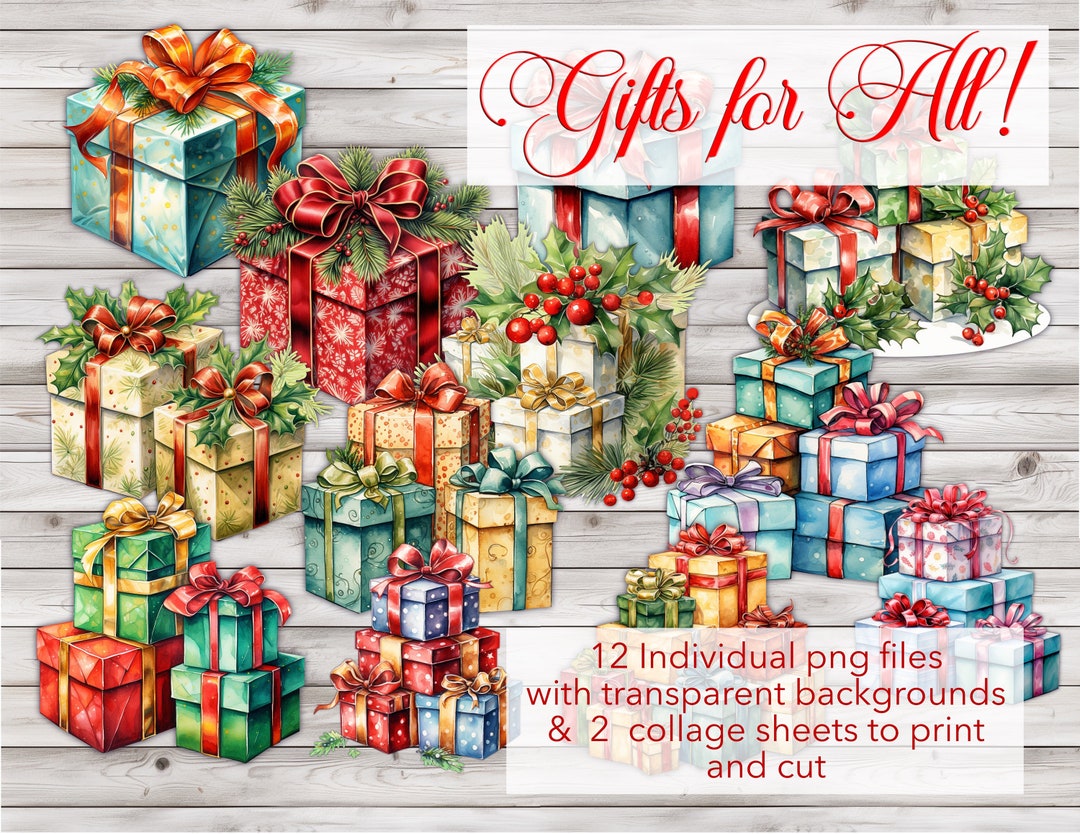 Christmas Gift Clipart, Watercolor Presents, Commercial Use (PNG, JPEG ...