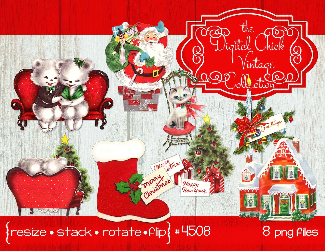 Vintage Christmas Clipart: Santa, Bears, Kitten (PNG Files) - Etsy