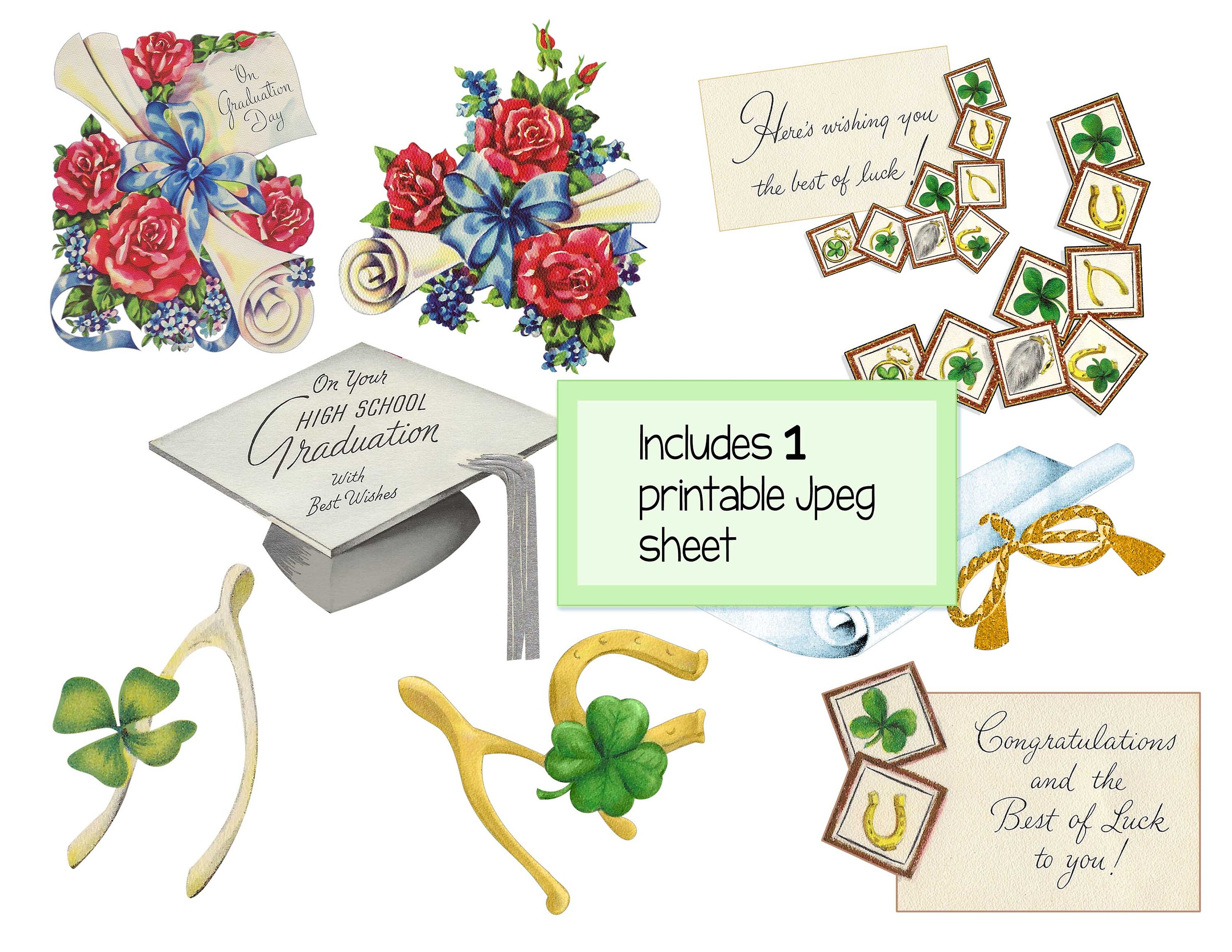 Vintage Graduation Clipart: Grad Cap, Diploma, Lucky Charms (digital ...