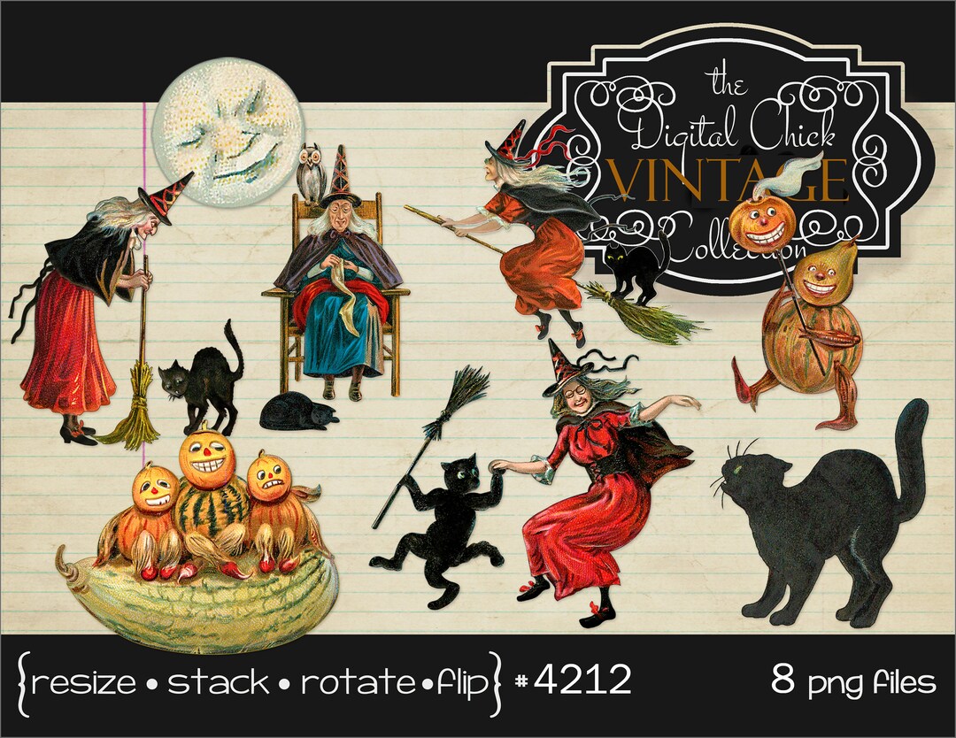 Vintage Halloween Clipart: Pumpkins, Black Cats, Witches (PNG & JPEG ...