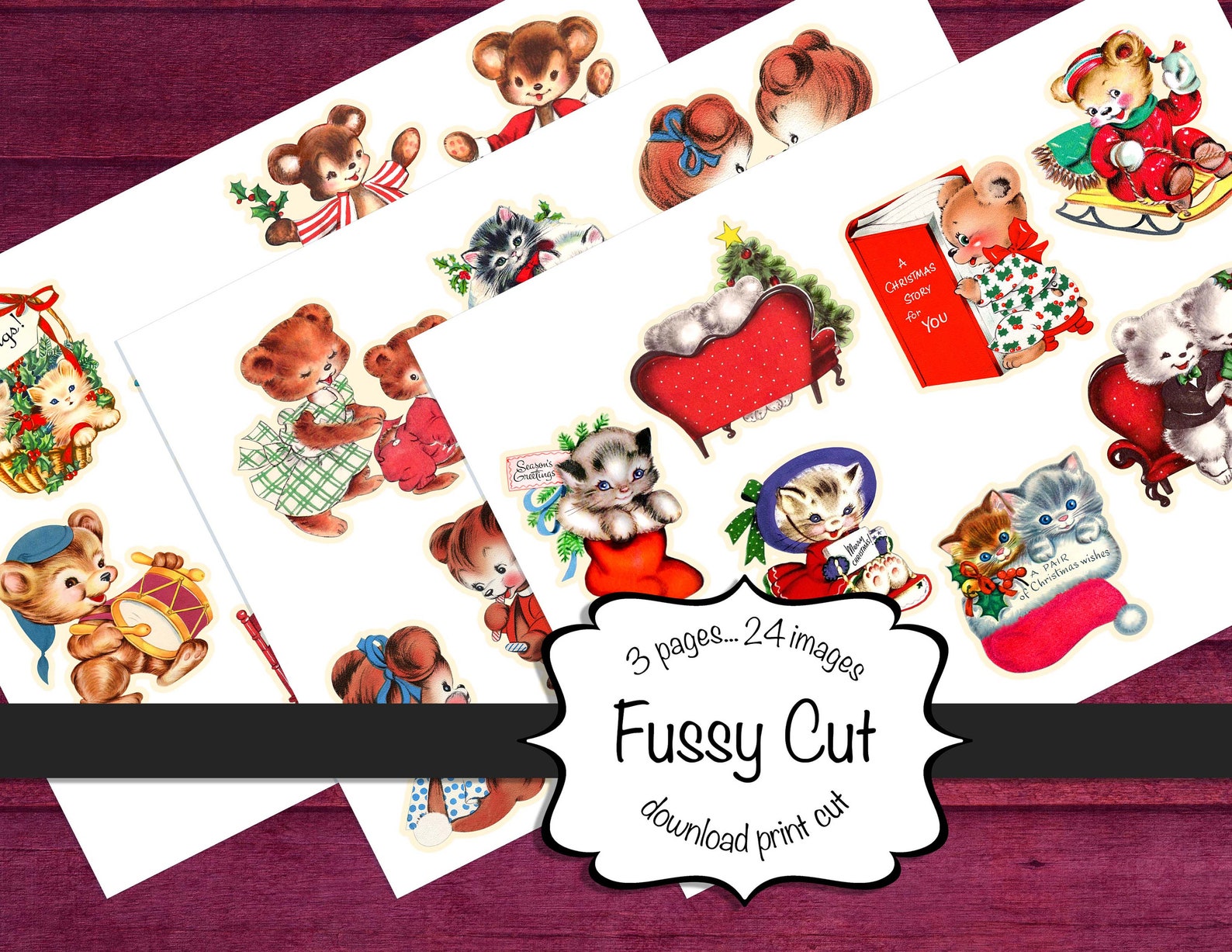 Fussy Cut Christmas Printable Pages Little Bears Kitties - Etsy