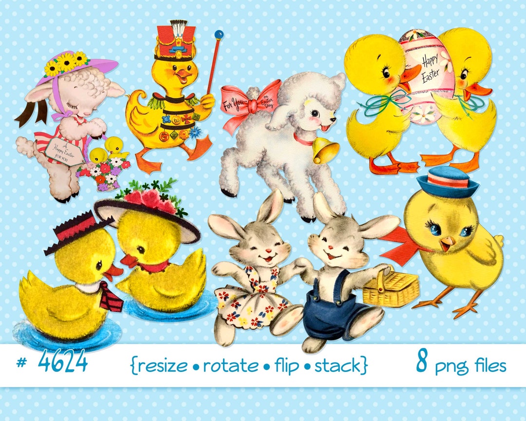 Vintage Easter Digital Clipart, Instant Download, Lamb, Bunny Rabbit ...