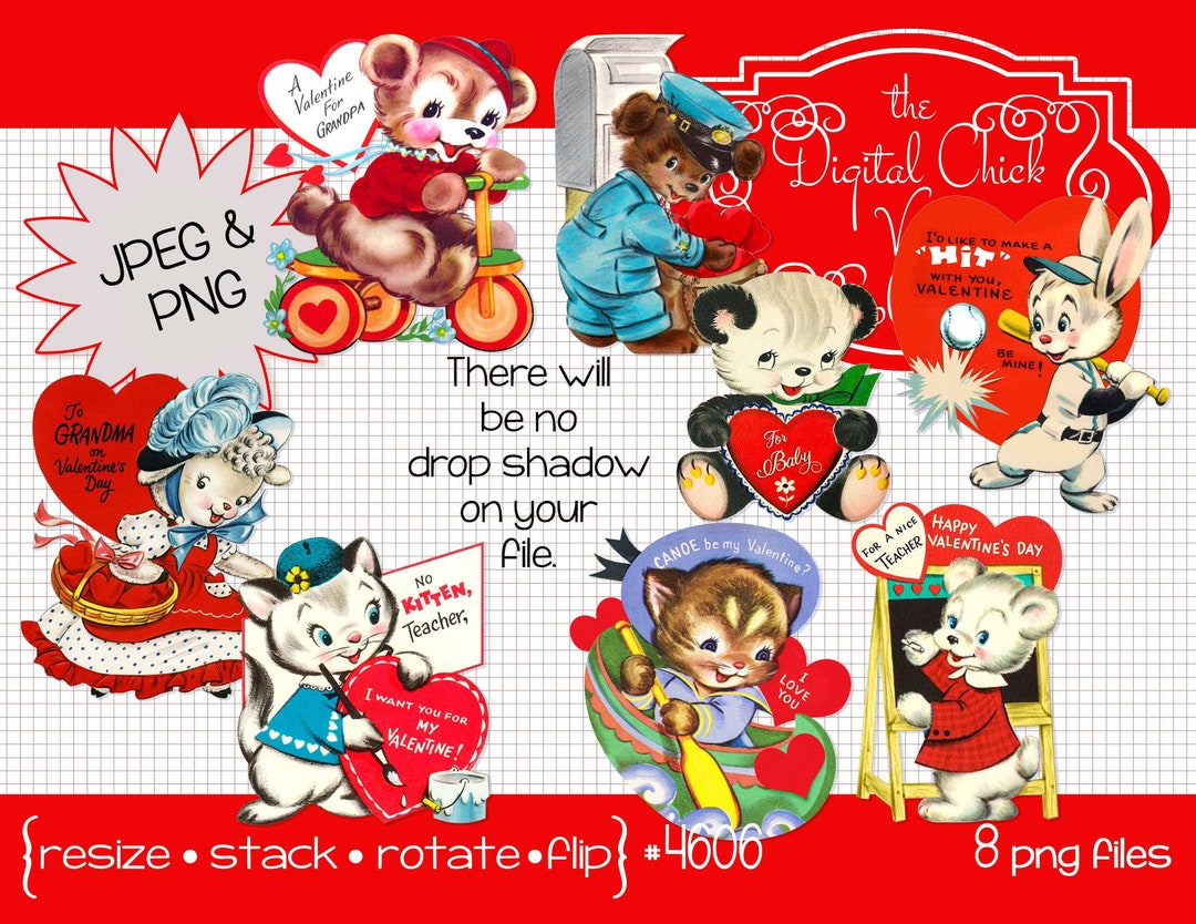 Vintage Valentines, Digital Clipart, Stuffed Animals, Puppy, Kitty ...