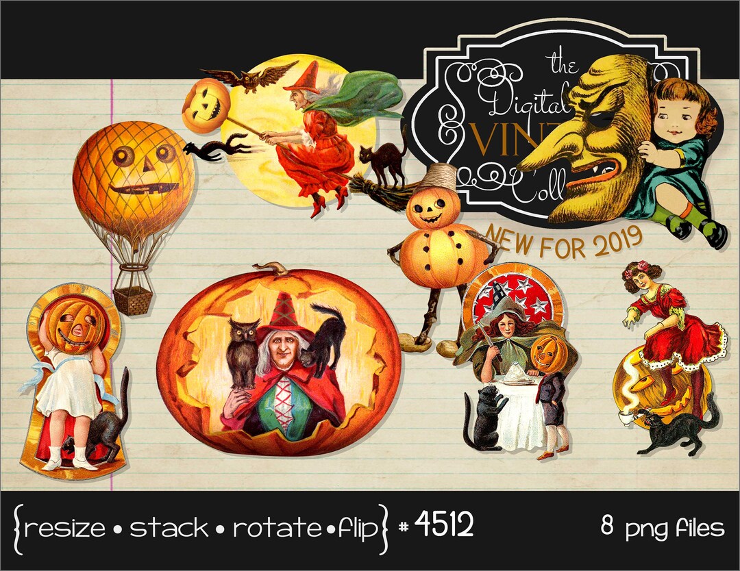 Vintage Halloween Clipart, Witches, Pumpkins, Black Cats (8 PNG Files ...