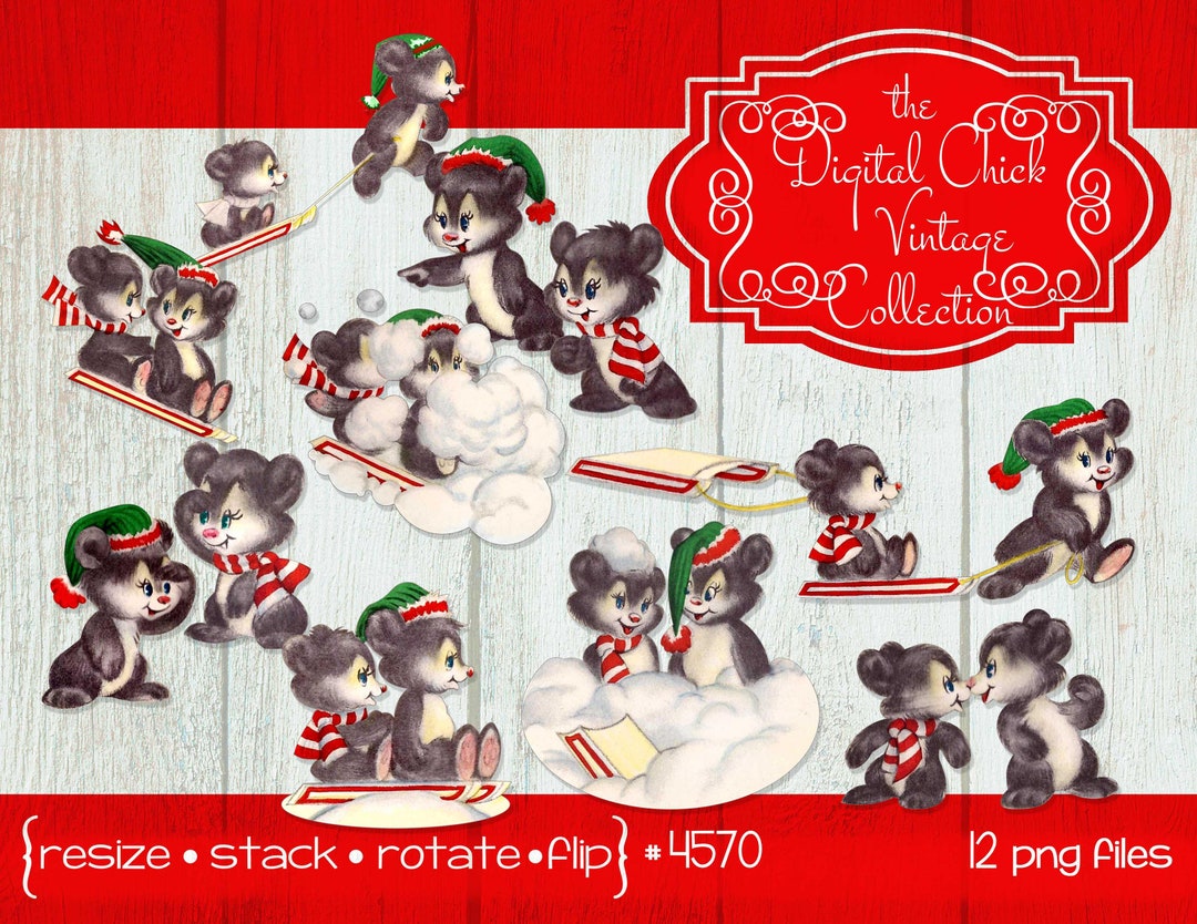 Christmas Clipart, Little Bear Clipart, Vintage Teddy Bears With Sleds ...