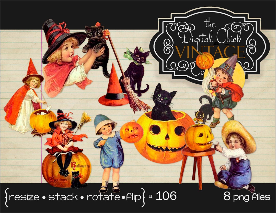 Vintage Halloween Clipart: Pumpkins, Cats, Witches (PNG Files ...