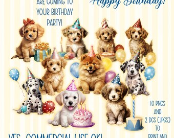 Birthday Puppies Watercolor Clipart, Bday Puppy, Puppies, Doggie, Dogs ...