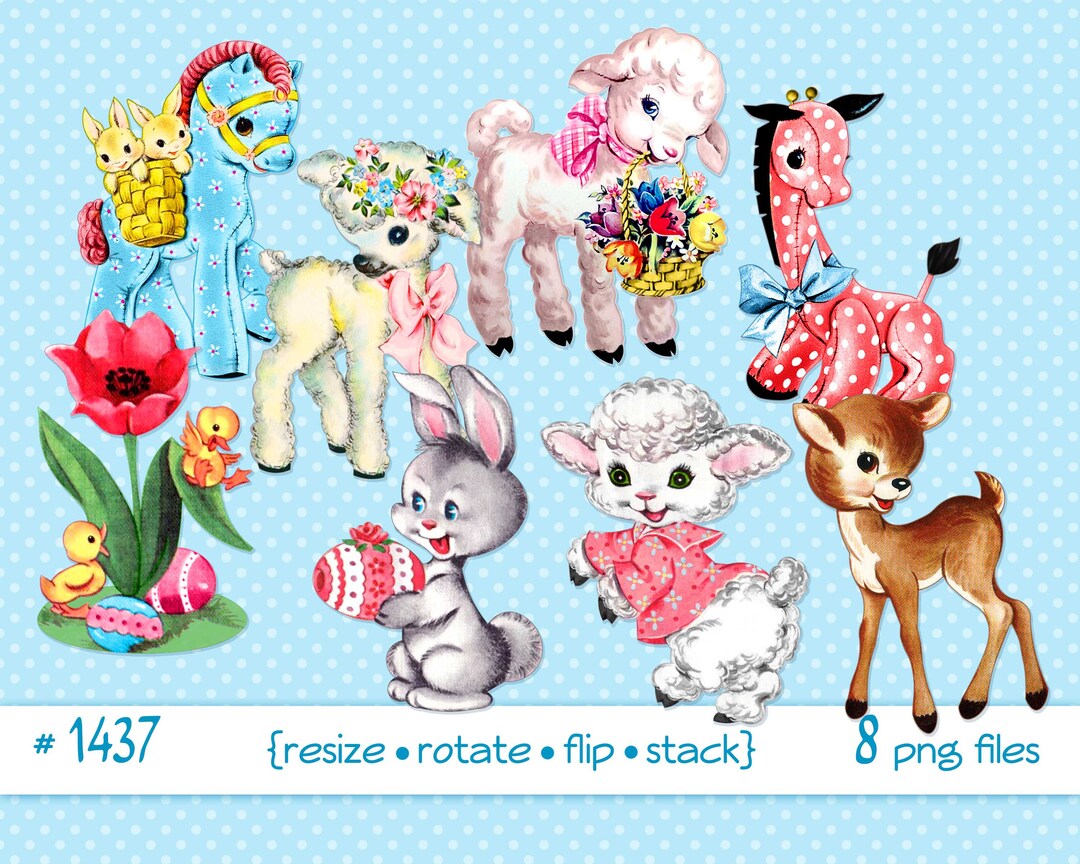 Vintage Easter Digital Clipart, Instant Download, Pony Lamb Giraffe ...