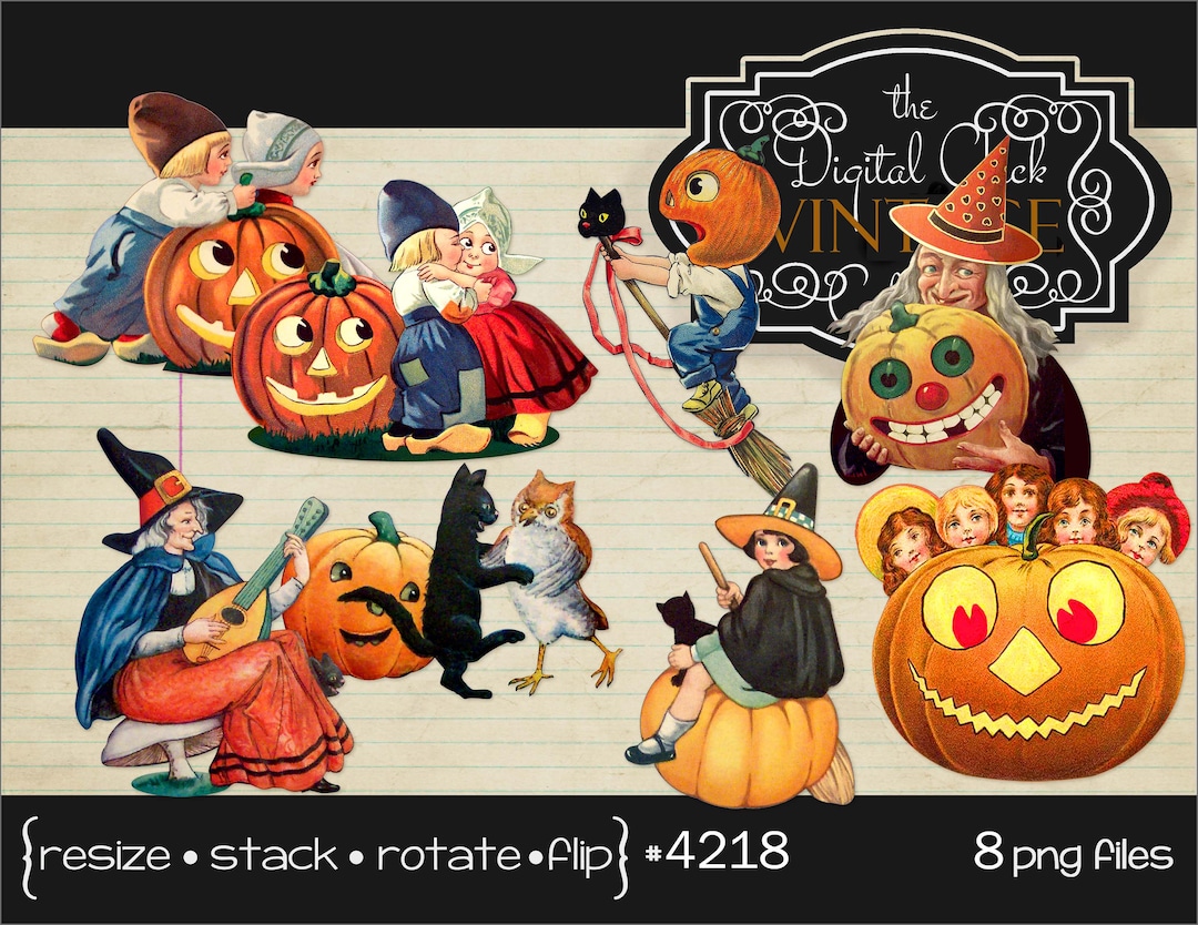 Vintage Halloween Clipart, Pumpkins, Witches, Black Cats (8 PNG Files ...
