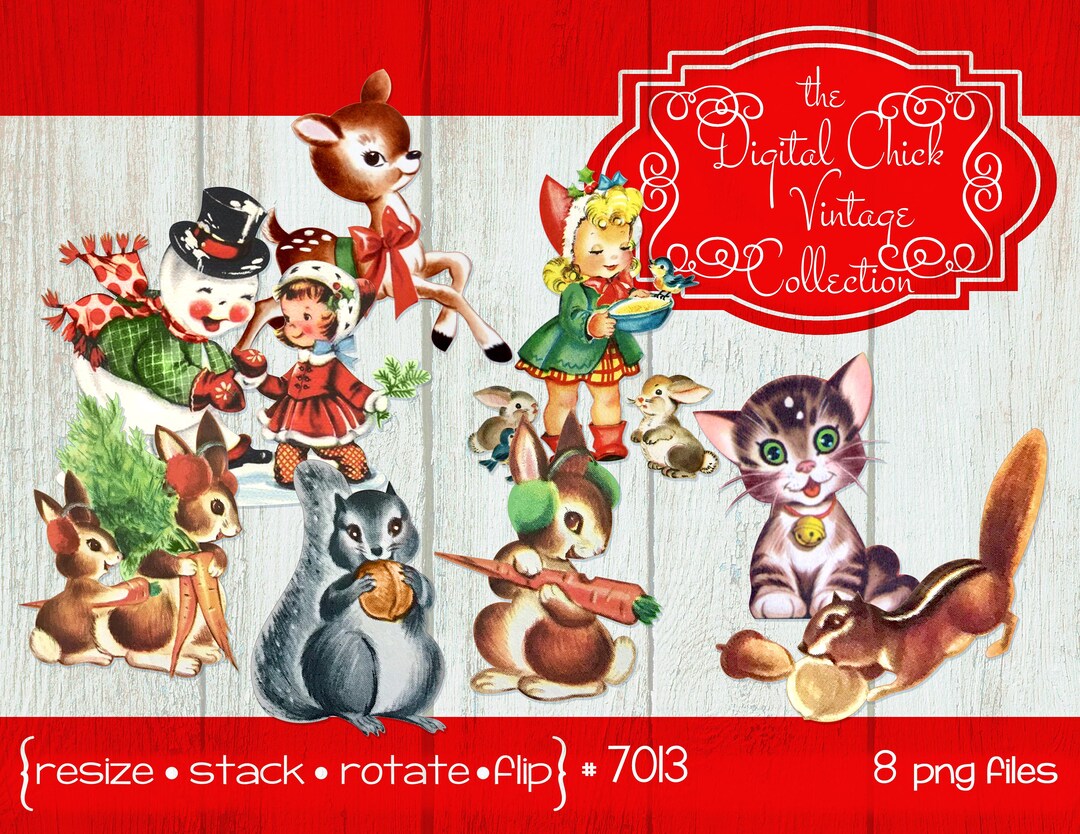 Vintage Christmas Clipart Images, Rabbits, Squirrel, Chipmunk, Little ...