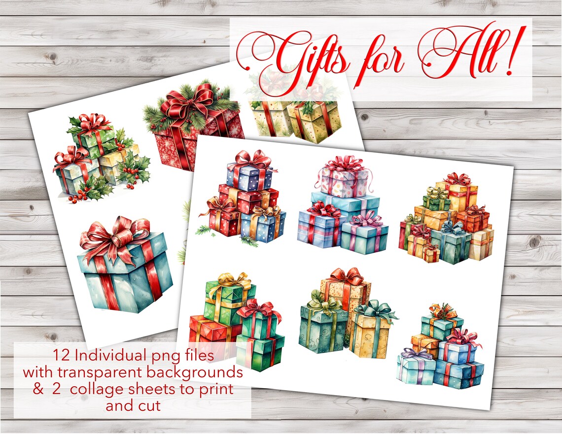 Christmas Gift Clipart, Watercolor Presents, Commercial Use (PNG, JPEG ...