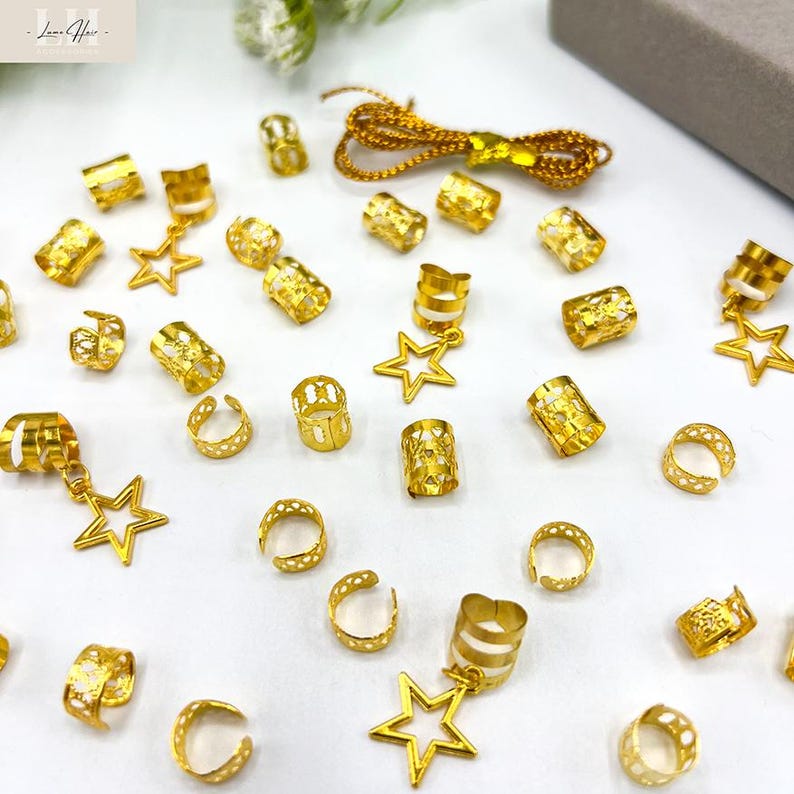 Star Metal Hair Cuffs, Hair Rings Set for Dreadlocks Braids, 36pc Gold ...