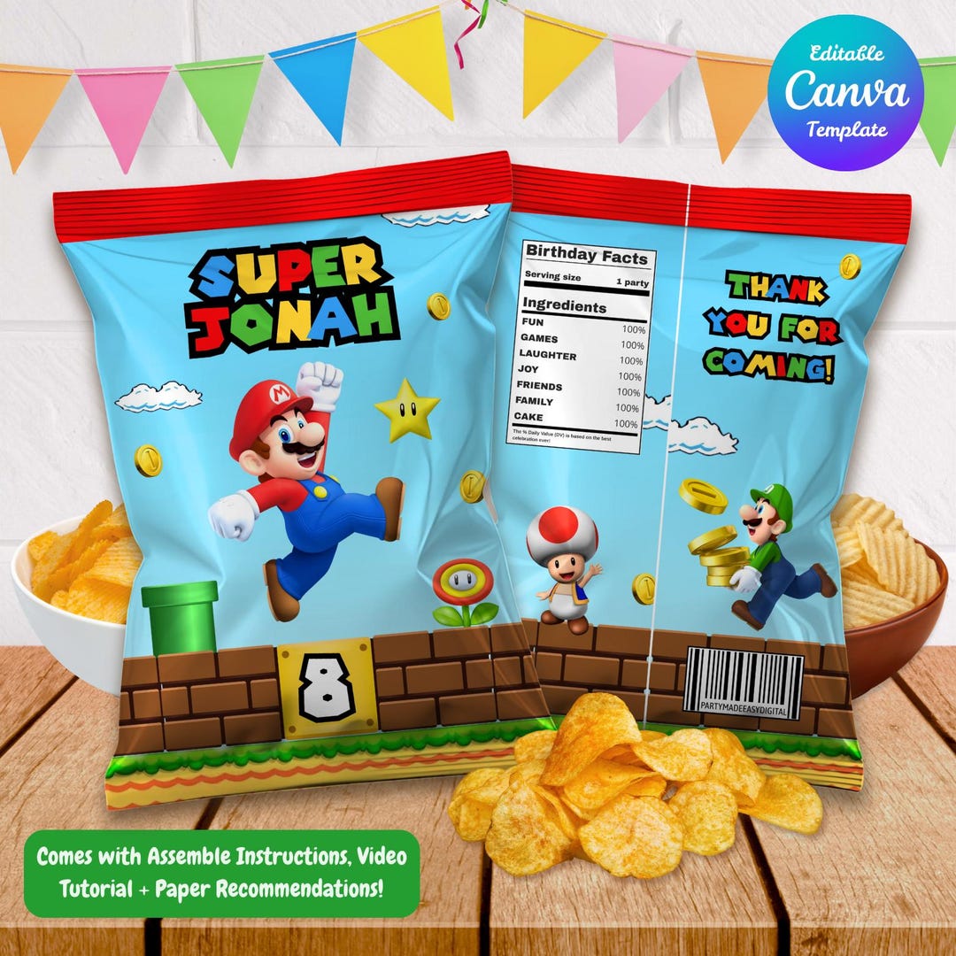 Editable Mario Chip Bag Template, Mario Snack Wrapper, Mario Chip Bag ...
