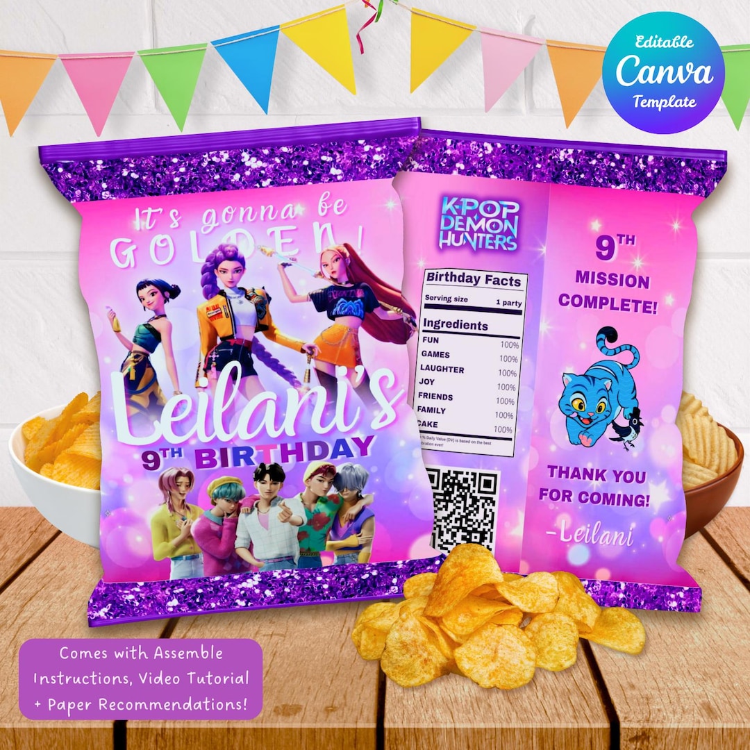 Editable Kpop Demon Hunters Chip Bag Template, Kpop Anime Birthday ...