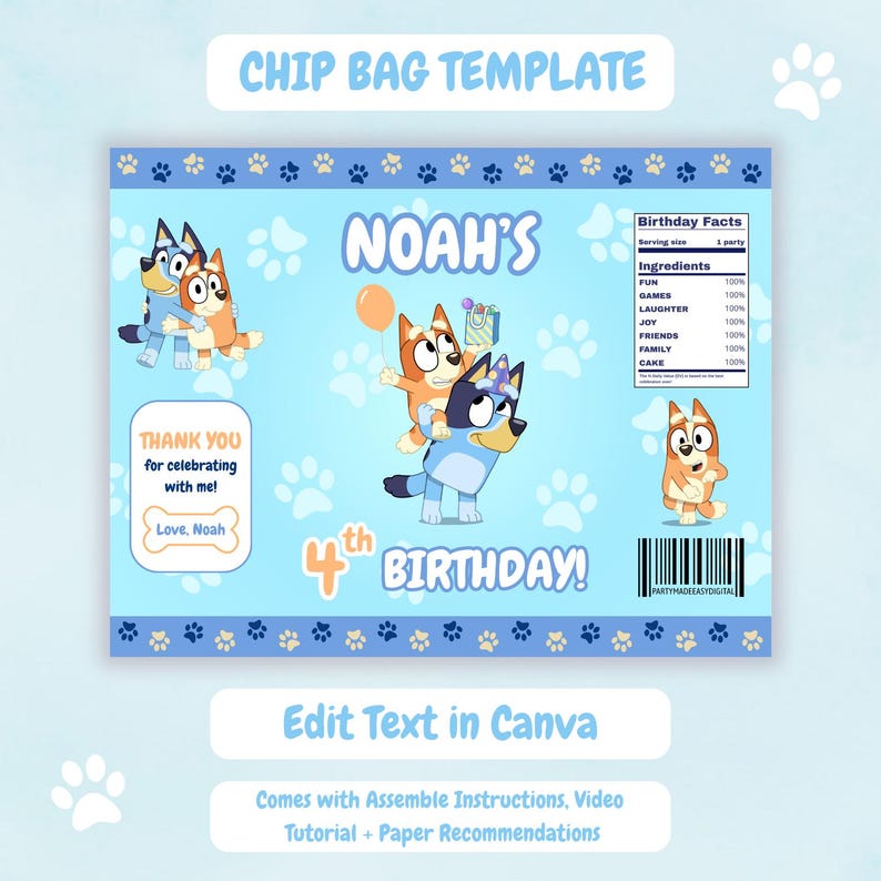Editable Bluey Chip Bag Template, Bluey Snack Wrapper, Bluey Chip Bag ...