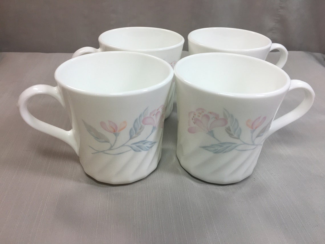Vintage Corelle White Coffee Mugs Set of 4 White Swirl Pink | Etsy