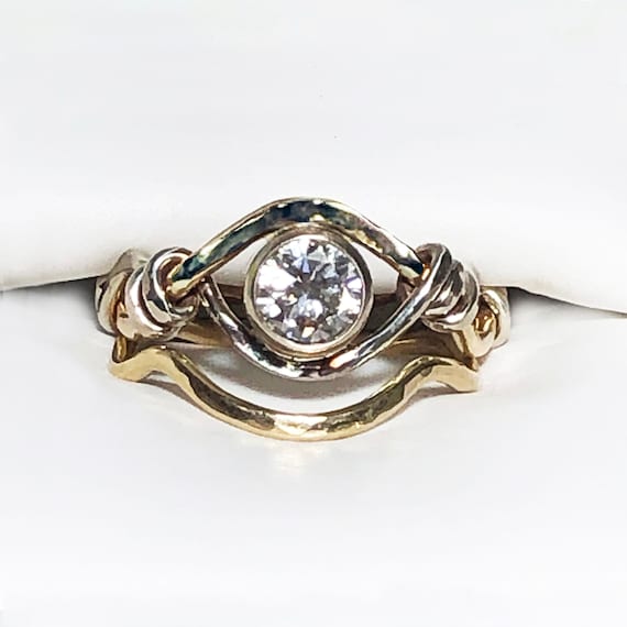 Gold and Silver Diamond Engagement Ring Handcrafted 14K | Etsy