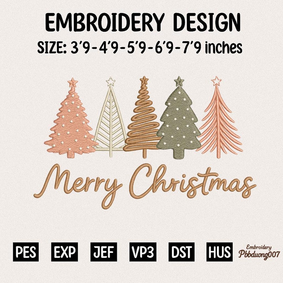 Merry Christmas Pastel Christmas Trees, Holiday Tree Embroidery Design ...