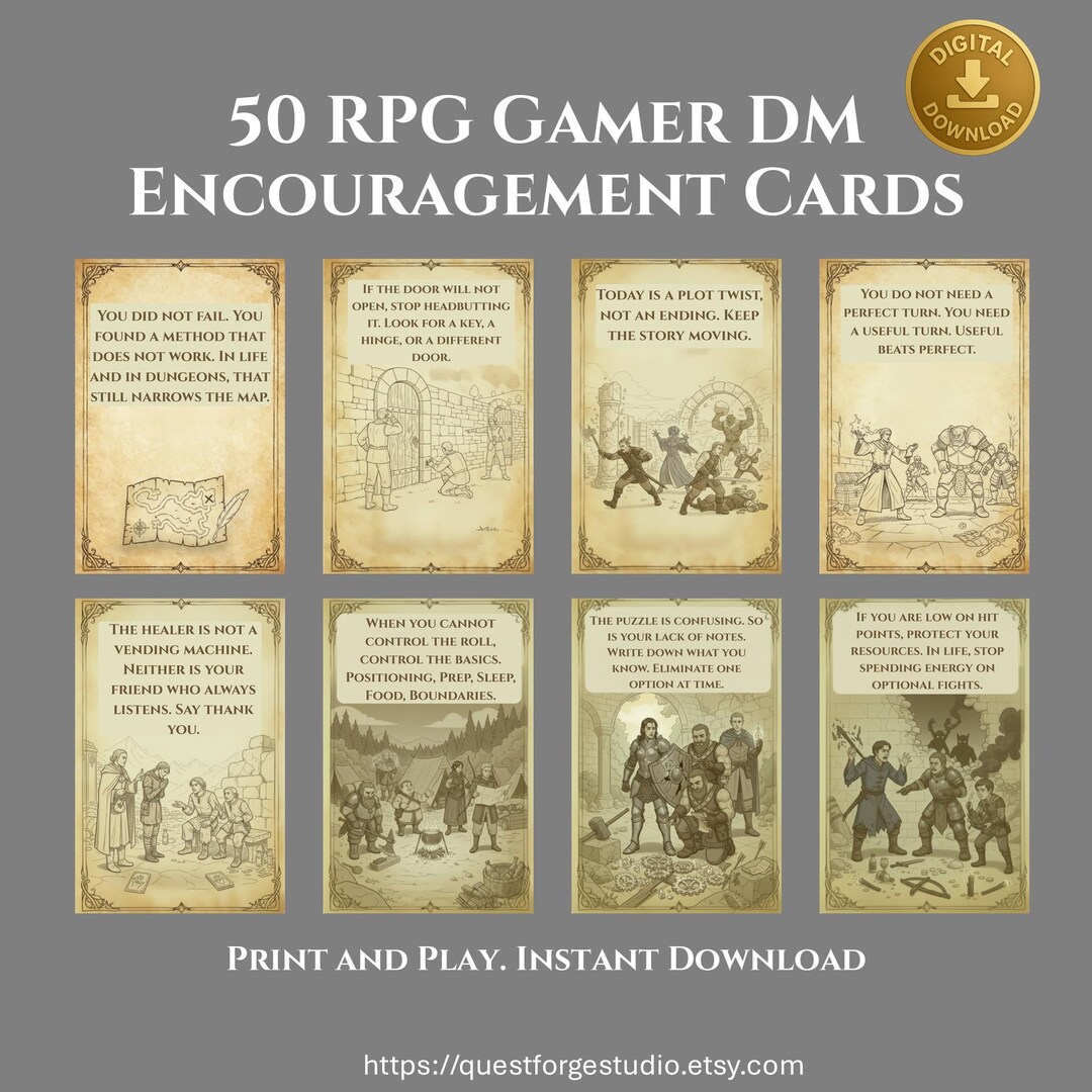 50 DM Encouragement Cards, Printable RPG Affirmations, Bad Rolls Pep ...
