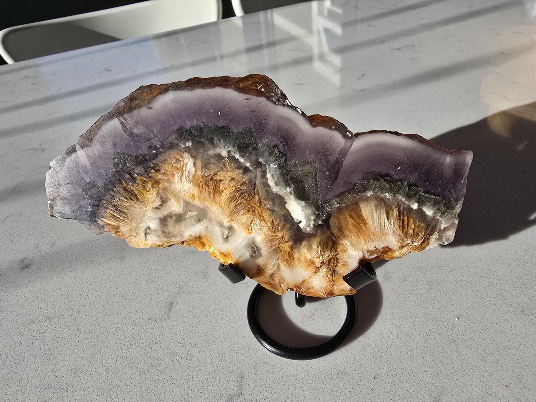 Orange & Purple Fluorite With Pyrite Slice • 269 G Polished Display ...