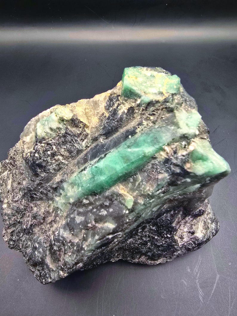 Zambian Emerald in Schist Matrix • Raw Green Beryl Crystal Display ...