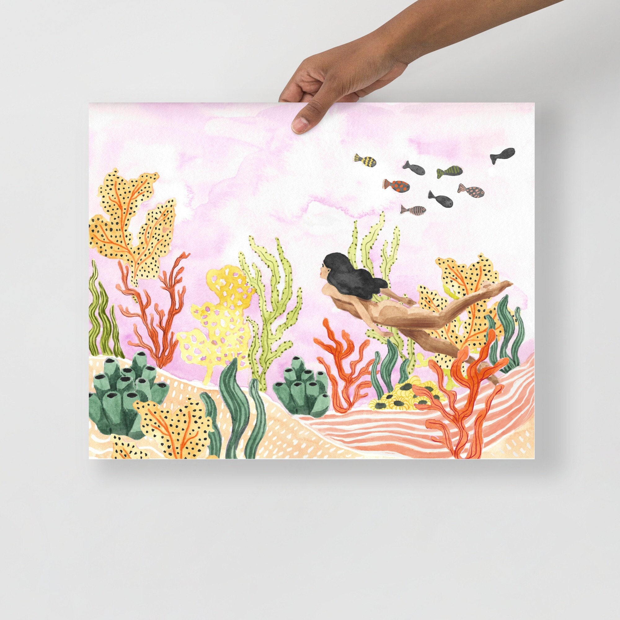 Underwater Art Print Illustration Girl Swimming Wall Art Watercolor ...