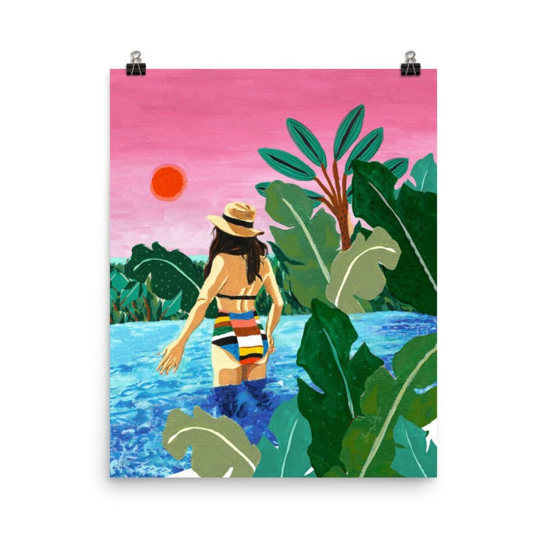 Jungle Illustration Travel Art Print | Costa Rica Girl in Pool | La ...