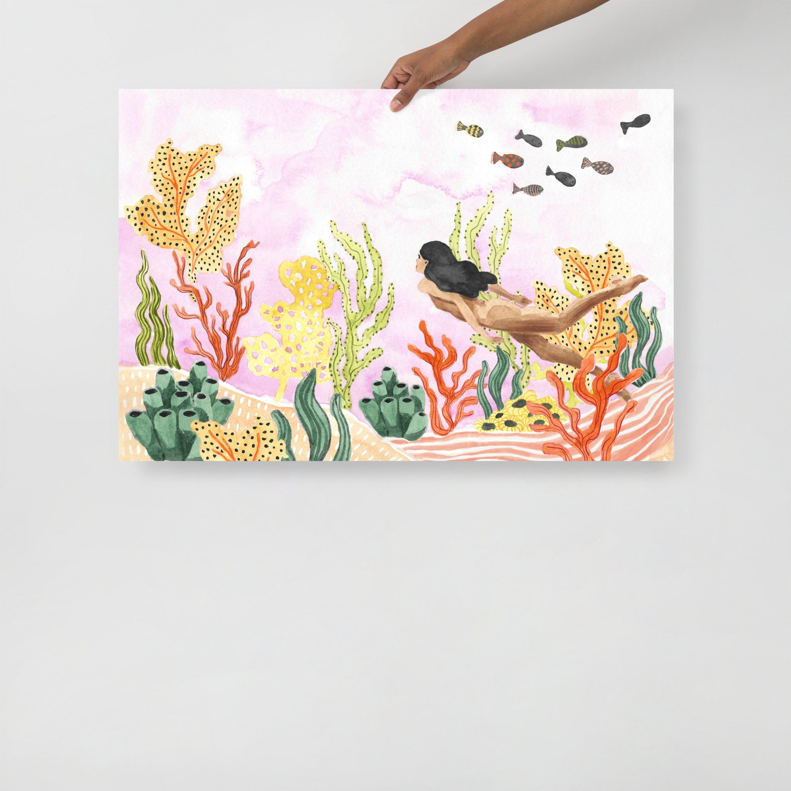 Underwater Art Print Illustration | Girl Swimming Wall Art Watercolor ...