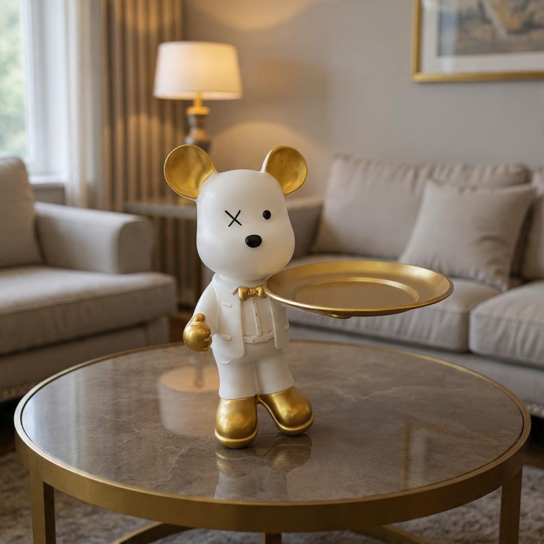 Modern Luxury White Butler Bear Statue With Gold Serving Tray – Elegant ...