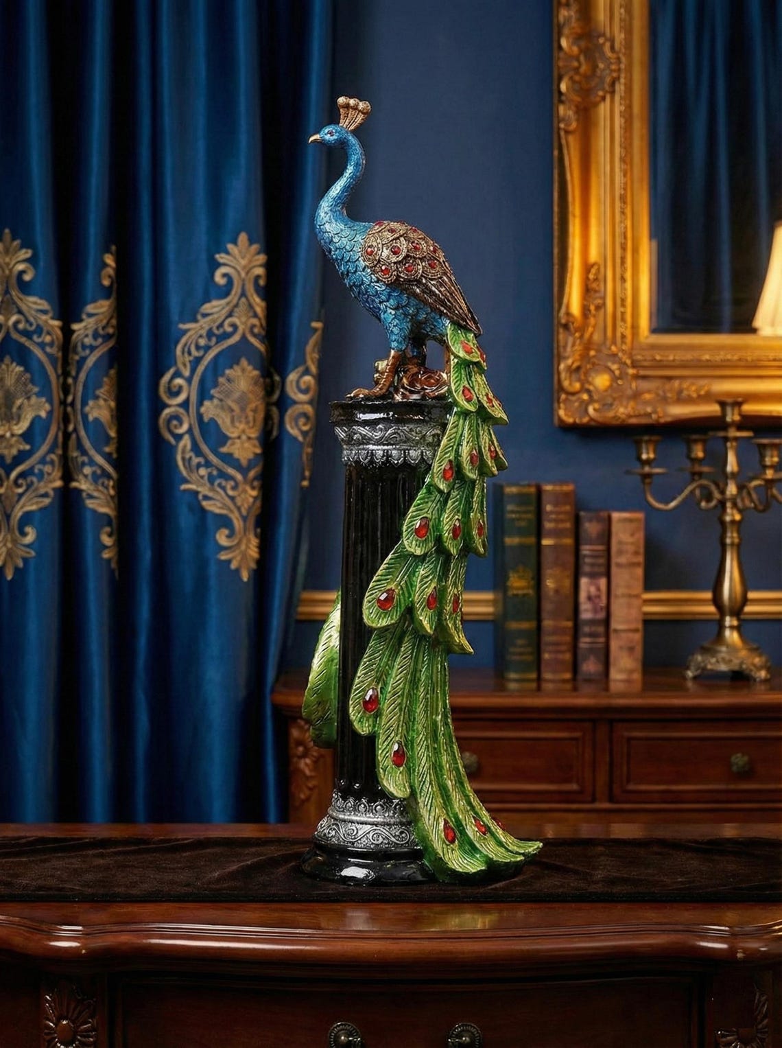 Luxury Jeweled Peacock Statue on Pillar - Regal Crystal Bird Sculpture ...
