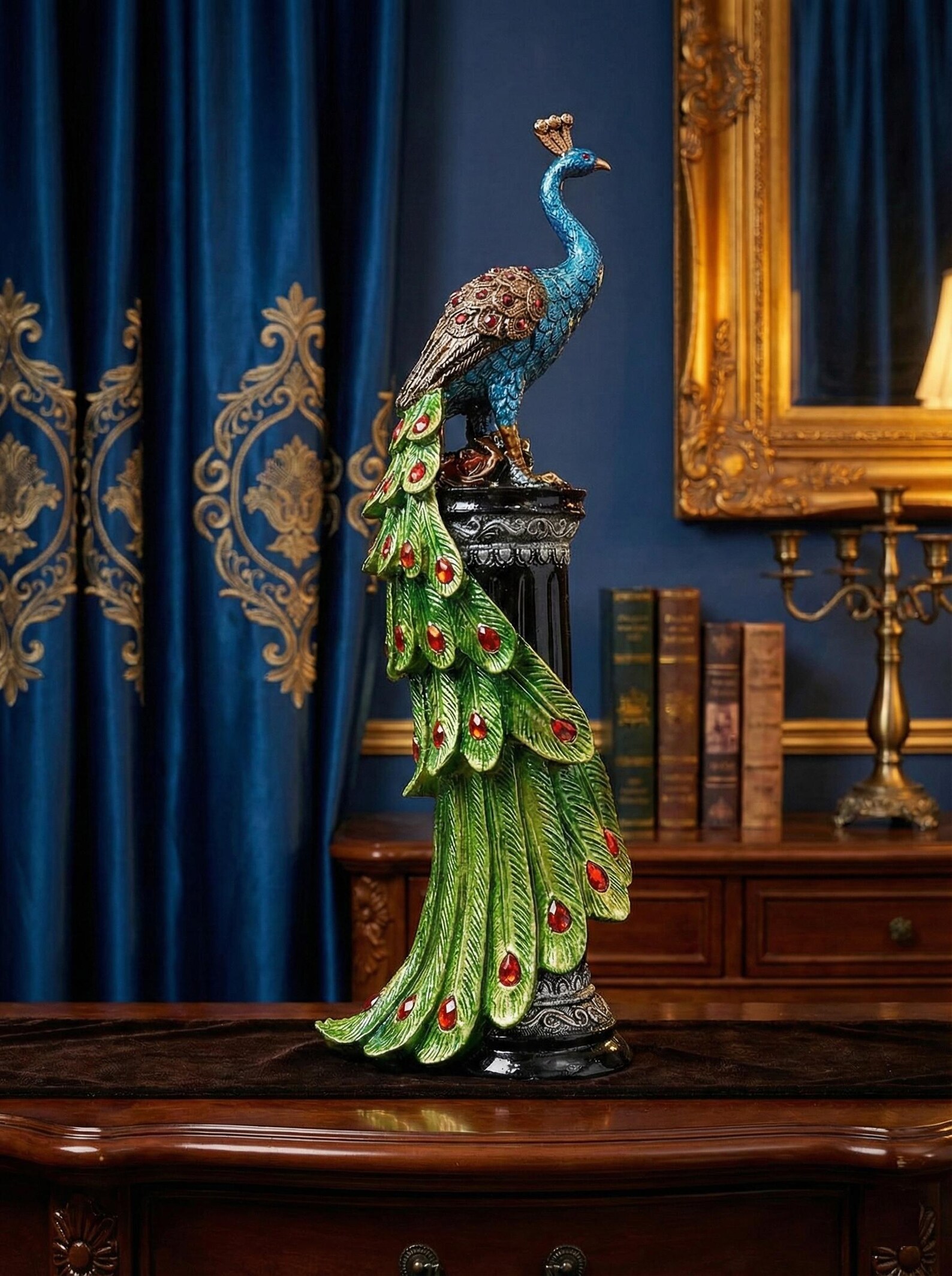 Luxury Jeweled Peacock Statue on Pillar - Regal Crystal Bird Sculpture ...